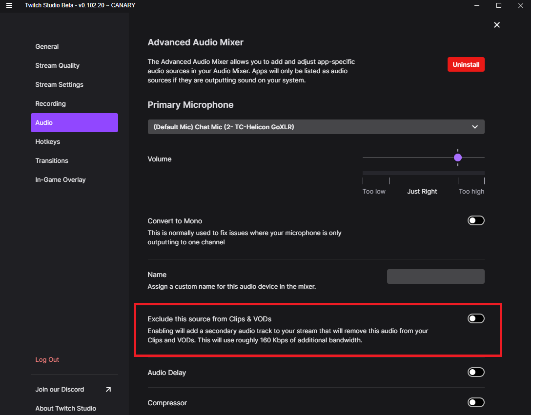 Twitch Studio Advanced Audio Mixer
